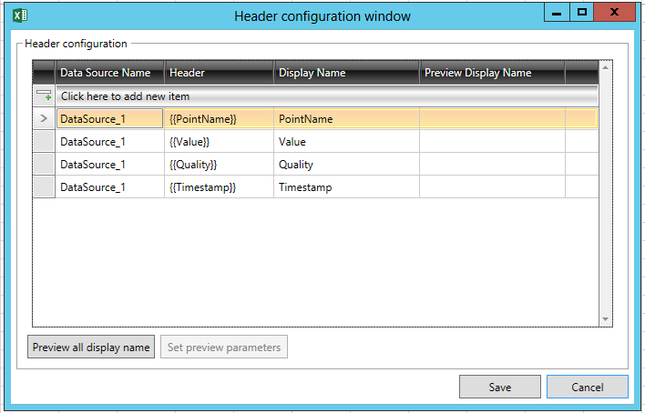 Header configuration window