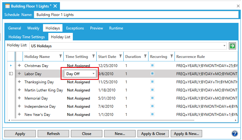 Holidays Tab for Schedules (ScheduleWorX64)